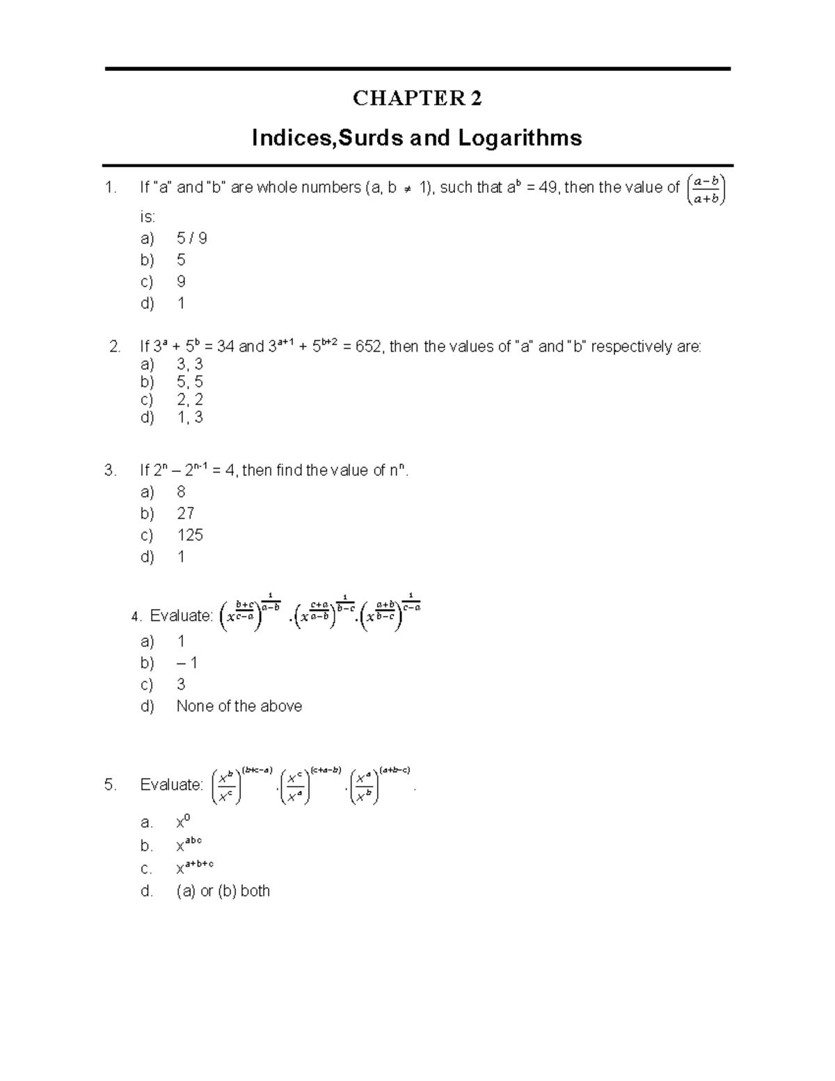 Indices - Notes - CHAPTER 2 Indices,Surds and Logarithms If “a” and “b ...