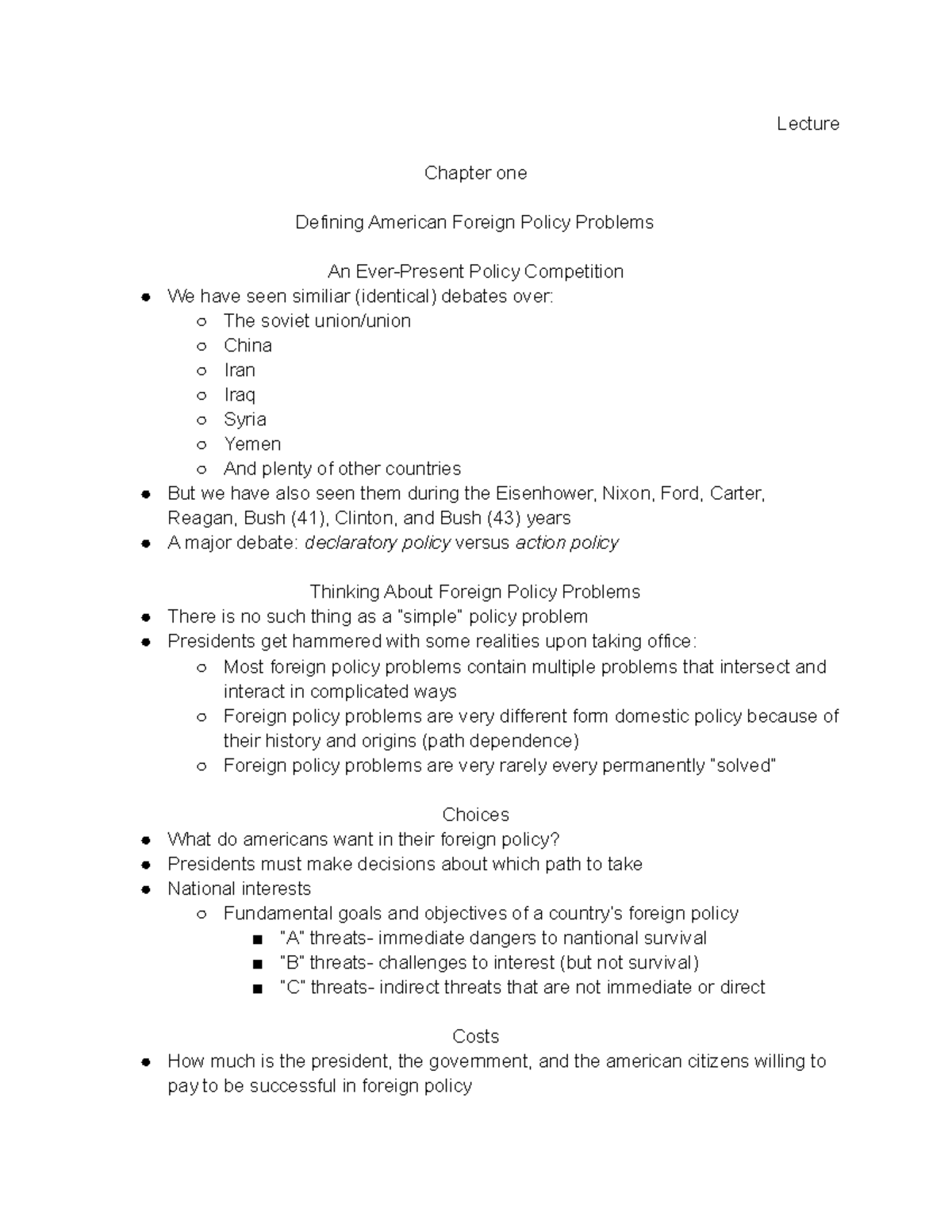 Chapter 1 notes - Lecture Chapter one Defining American Foreign Policy ...