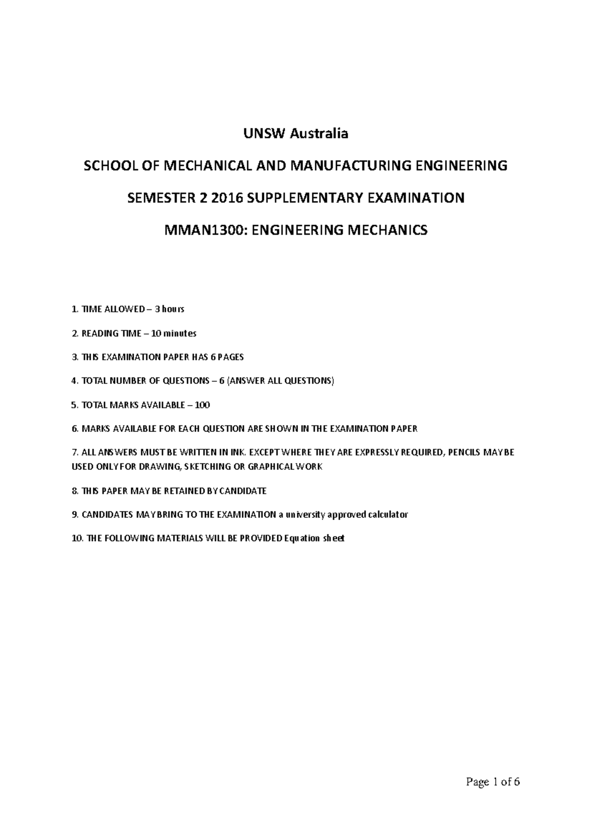 MMAN1300 2016 S2 Supplementary exam - UNSW Australia SCHOOL OF ...