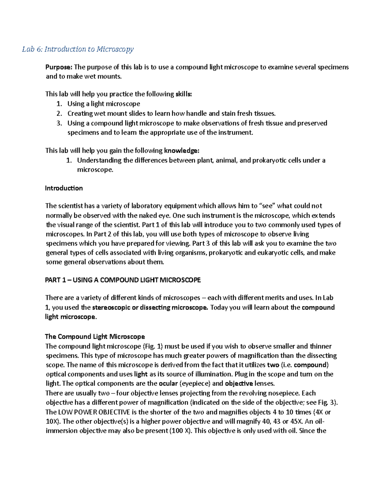 Lab 6 with notes - Lab 6: Introduction to Microscopy Purpose: The ...