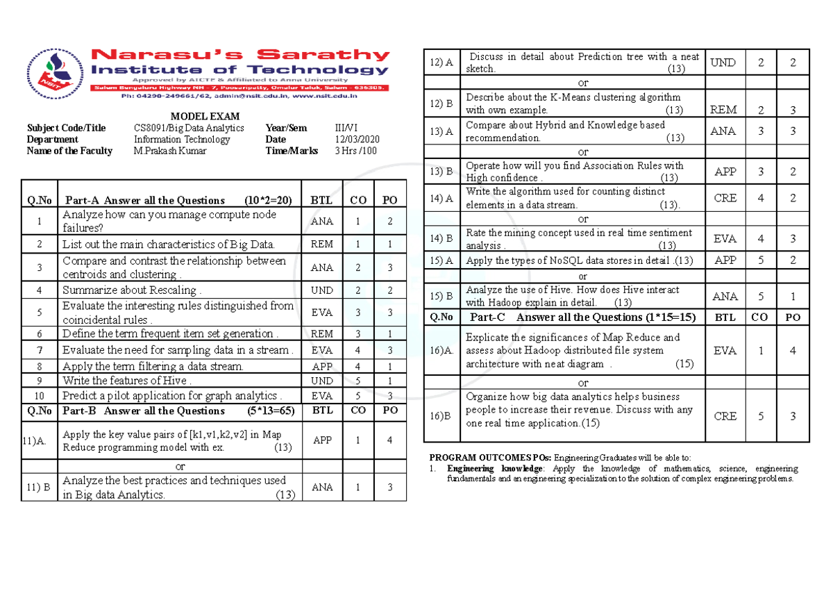 BDA Model EXAM - MODEL EXAM Subject Code/Title CS8091/Big Data ...