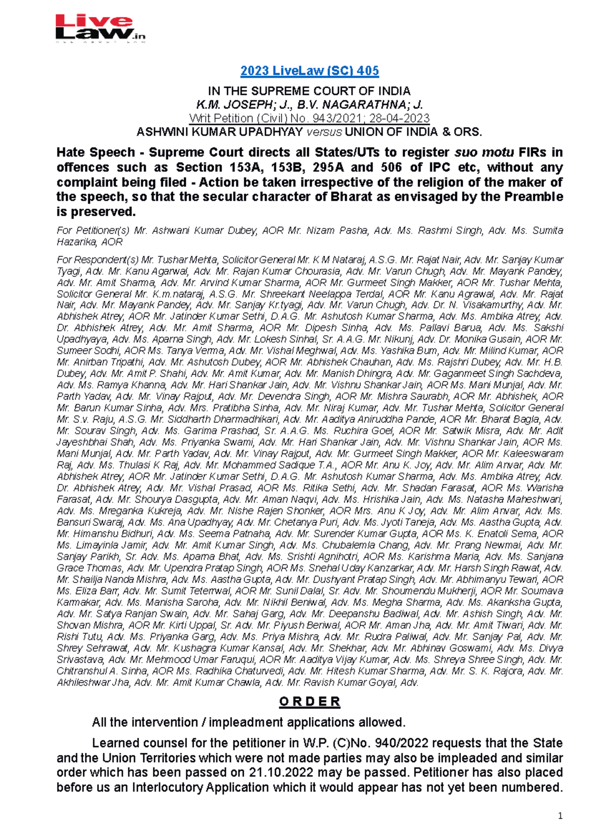 405 ashwini kumar upadhyay vs union of india 28 apr 2023 472233 - 1 ...