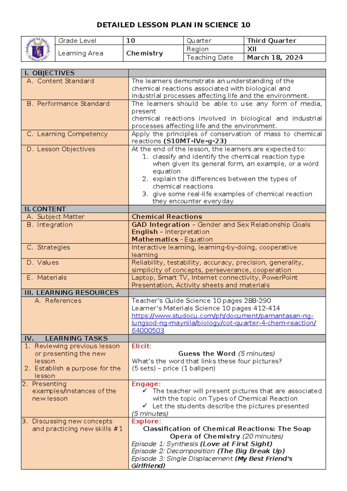 Q4 COT - Chemical Reactions - DETAILED LESSON PLAN IN SCIENCE 10 Grade ...