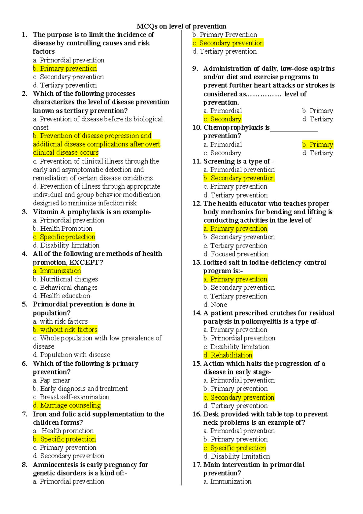 Level OF Prevention - INFECTIOUS DISEASE CONTROL - MCQs on level of ...