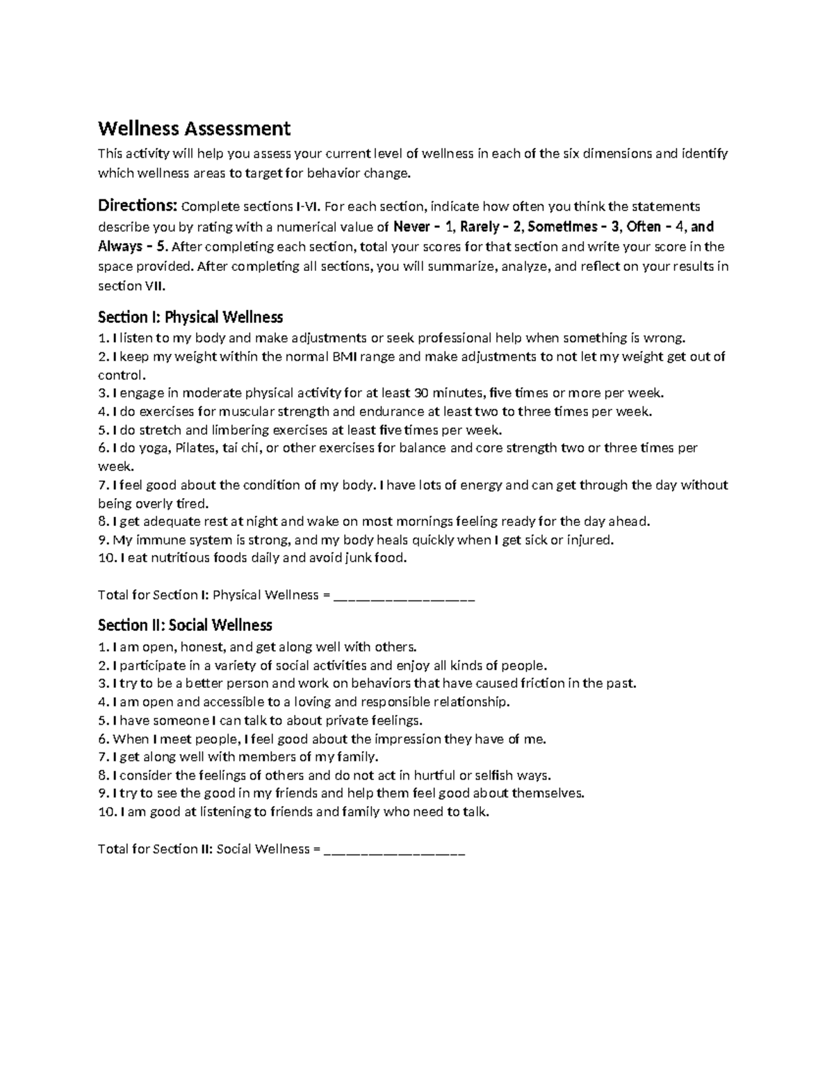 OL Wellness Assess - ap psychology - Wellness Assessment This activity ...