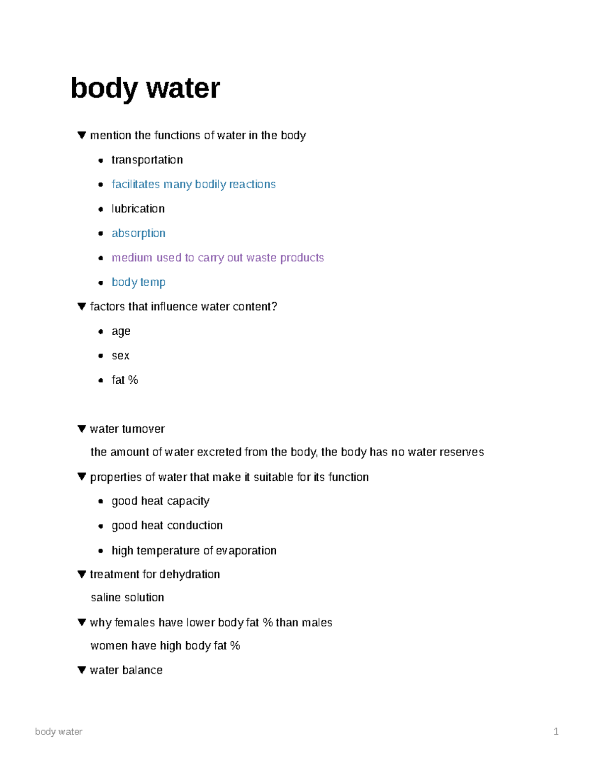 Body water notes - Summary on the section based off of the lecture ...