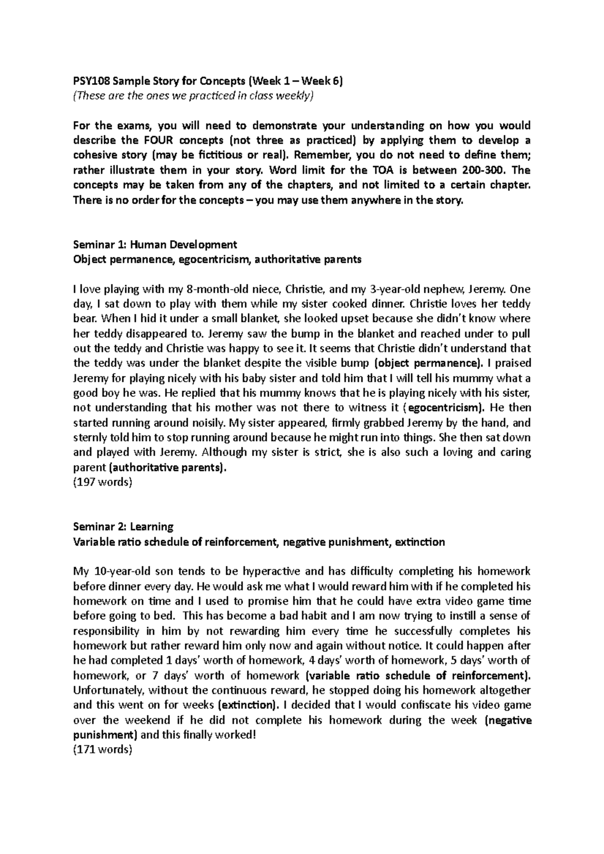 PSY108 Sample Story for Concepts-4 - Remember, you do not need to ...