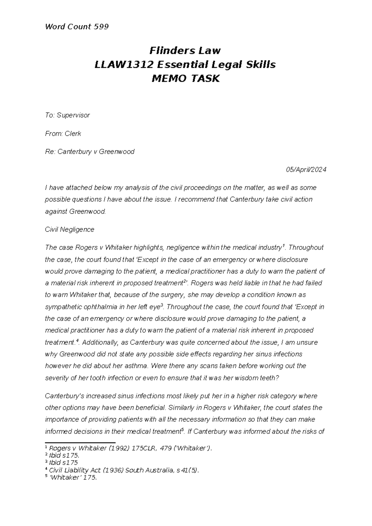 Flinders Legal Memo - Word Count 599 Flinders Law LLAW1312 Essential Legal Skills MEMO TASK To ...