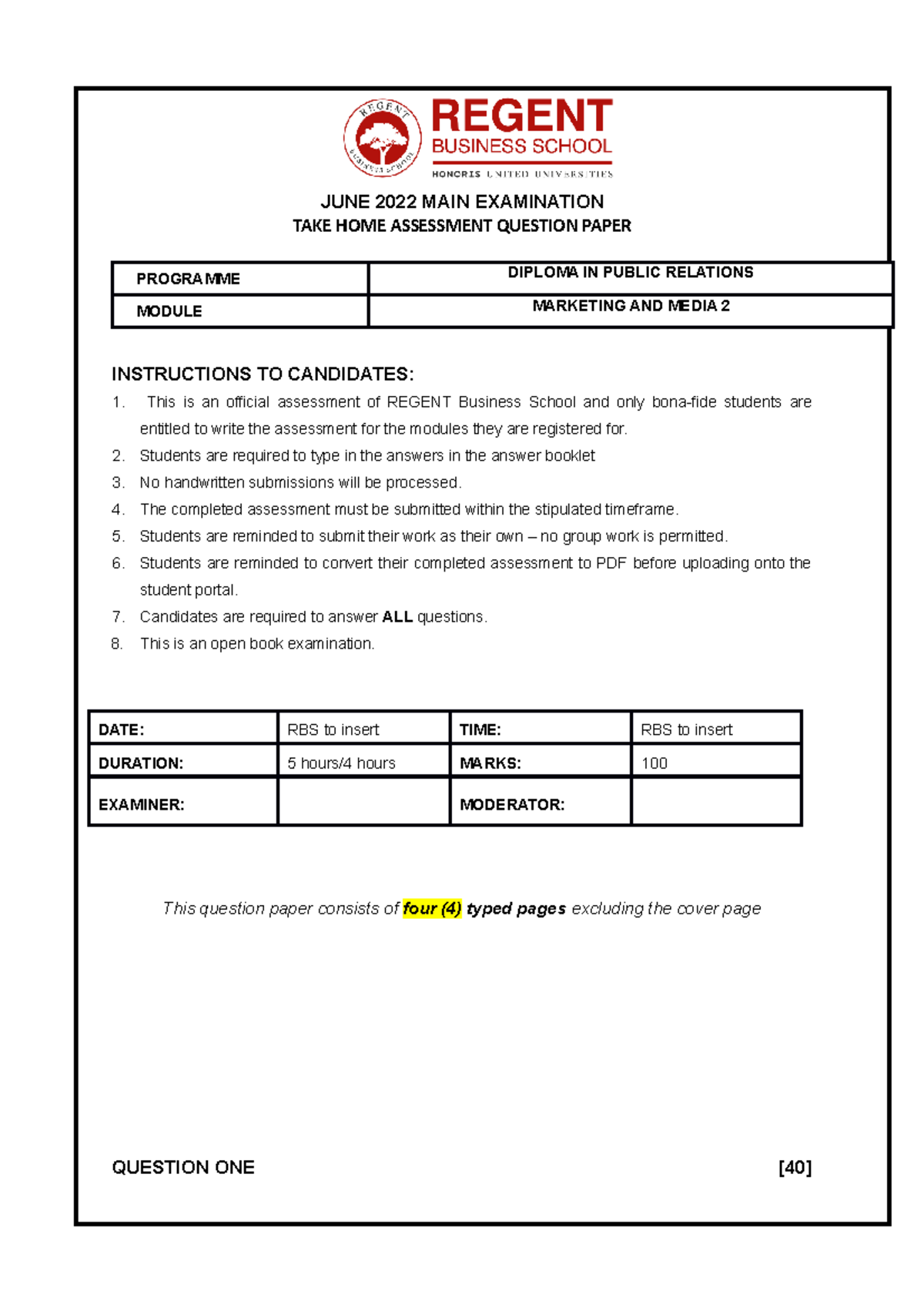 DPRM Marketing and Media 2 MEMO - JUNE 2022 MAIN EXAMINATION TAKE HOME ...