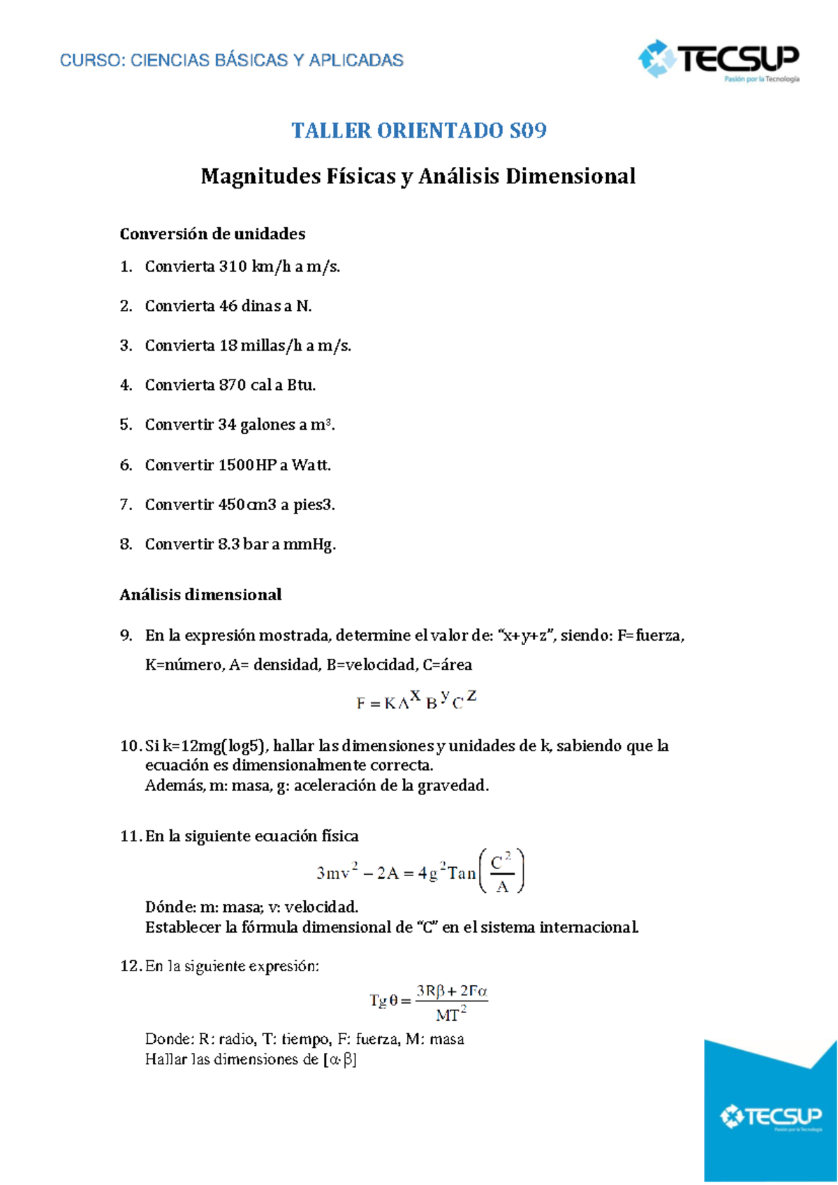 FIS Taller Orientado S09 CBA-1 - CURSO: CIENCIAS BÁSICAS Y APLICADAS TALLER ORIENTADO S ...
