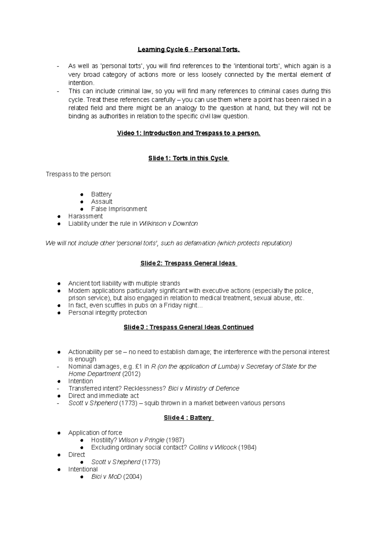 Cycle 6 - Personal torts - Learning Cycle 6 - Personal Torts. As well ...