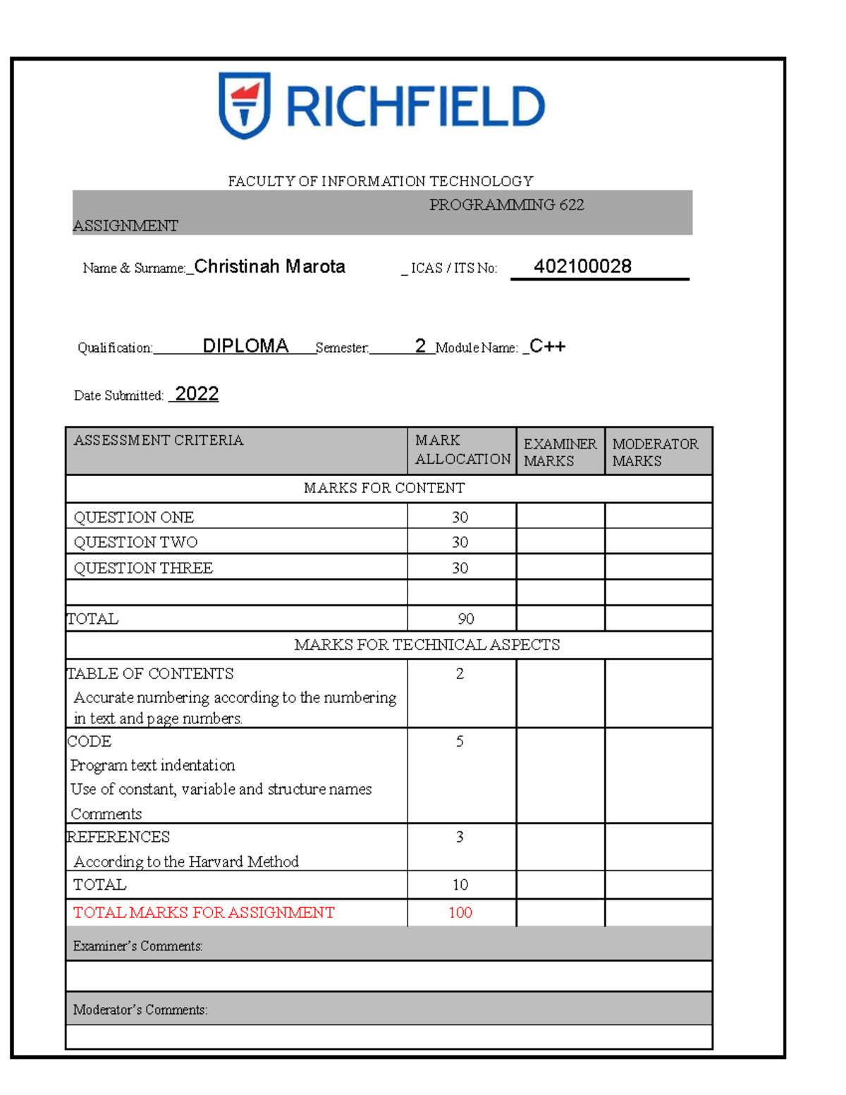 622 assignment 402000 671 - FACULTY OF INFORMATION TECHNOLOGY PROGRAMMING 622 ASSIGNMENT Name ...