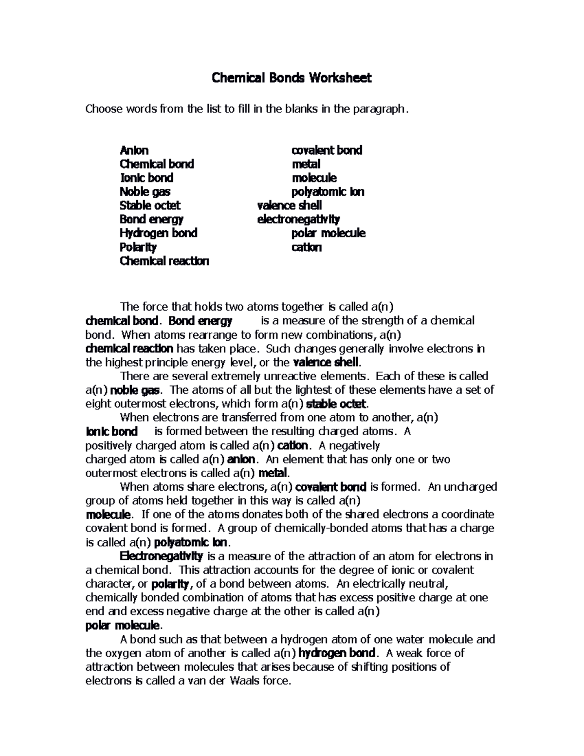 Chemical Bonds review KEY - Chemical Bonds Worksheet Choose words from ...