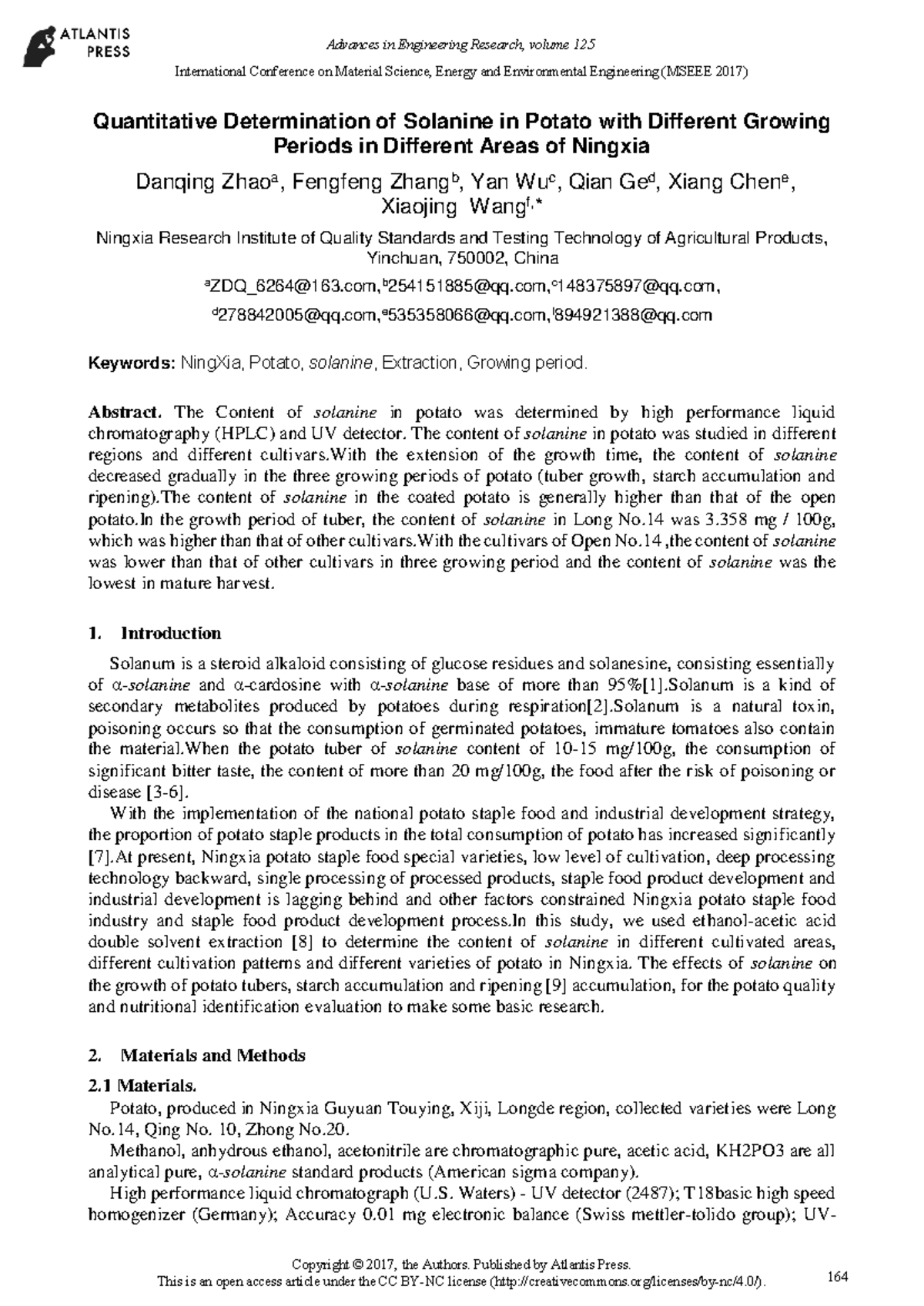 Quantitative Determination of Solanine in Potato w - Abstract. The ...