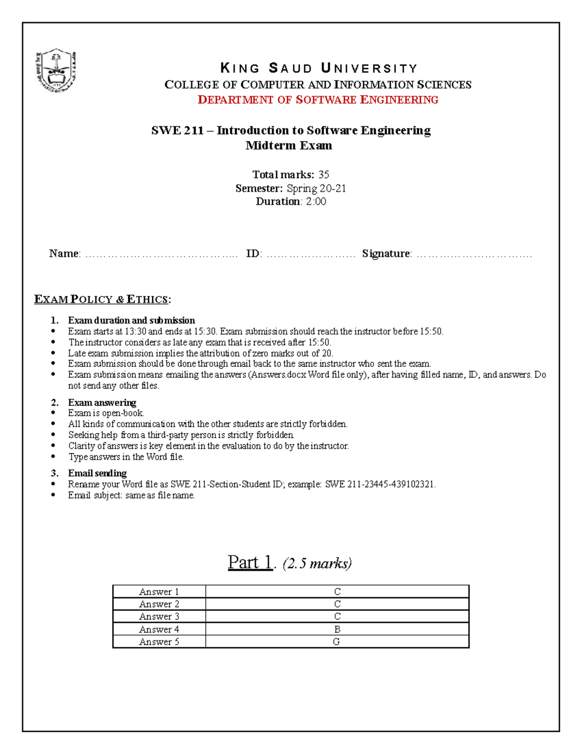 Answers - course work - KING SAUD UNIVERSITY COLLEGE OF COMPUTER AND INFORMATION SCIENCES ...