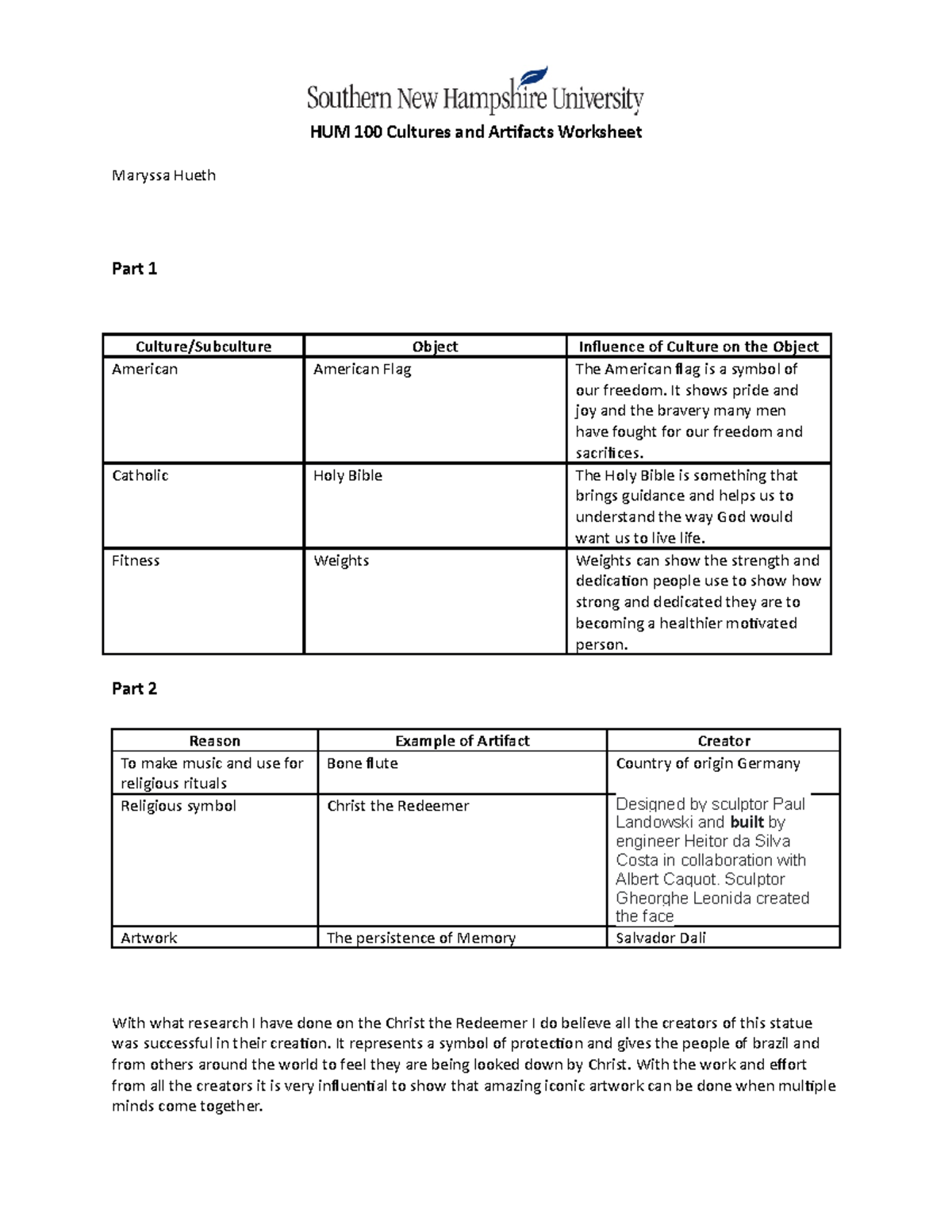 HUM 100 Cultures and Artifacts Worksheet - HUM 100 Cultures and ...