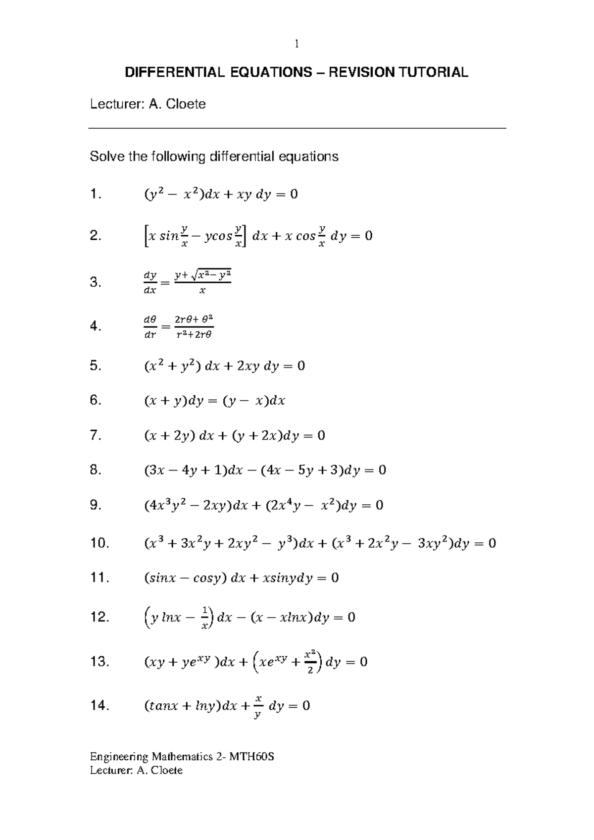 Revision Tutorial Differential Equations - 1 Engineering Mathematics 2 - MTH60S Lecturer: A ...
