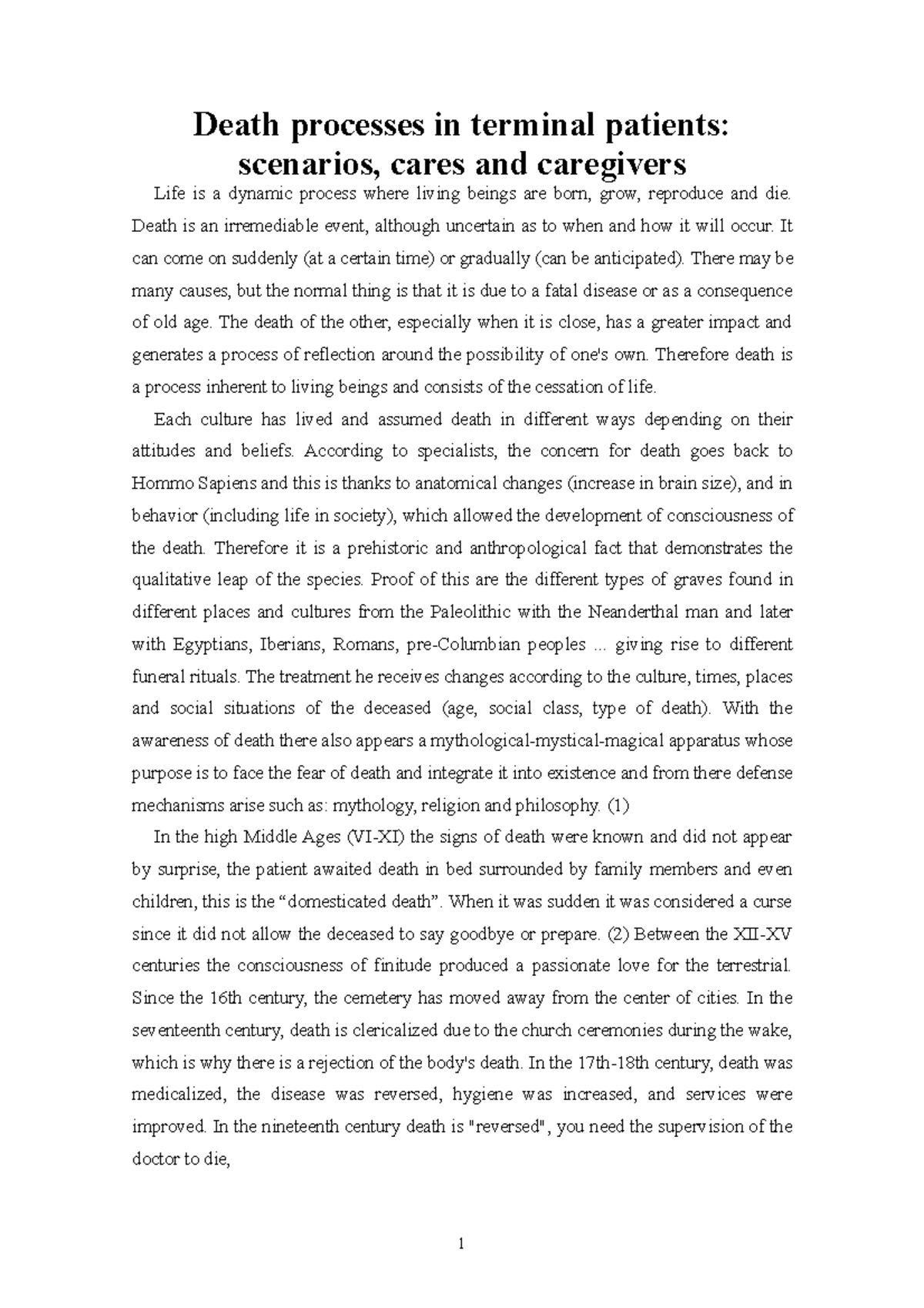 Death processes in terminal patients scenarios, cares and caregivers ...