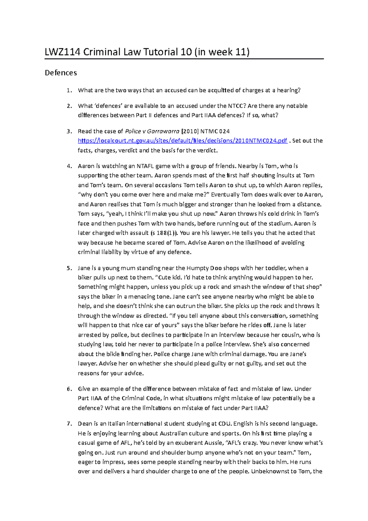 LWZ114 Criminal Law Tutorial 10 (week 11) - defences - LWZ114 Criminal ...