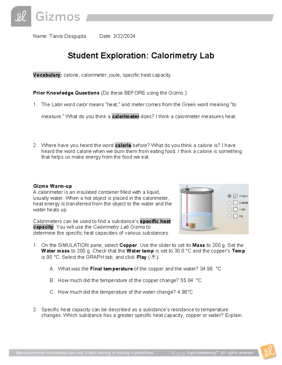 Calorimetry Gizmo Lab Report - Name: Tanisi Dasgupta Date: 2/22 ...