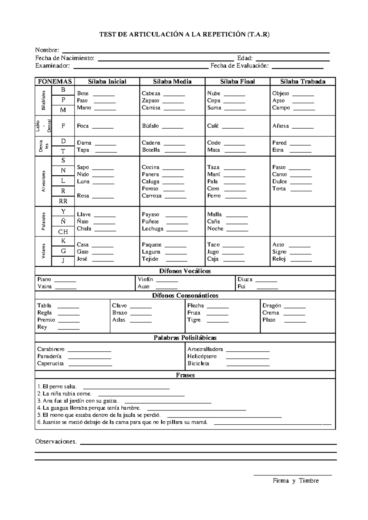 TAR - Test para evaluar articulacion - TEST DE ARTICULACIÓN A LA ...