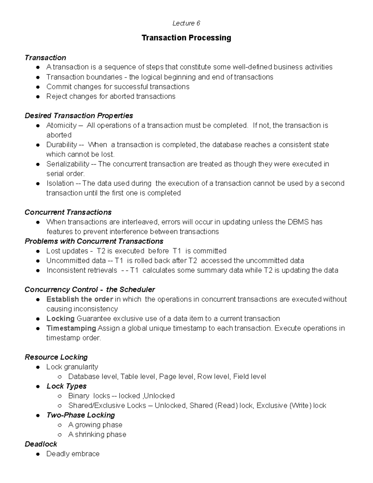 Lecture 6 - Transaction Processing - Transaction Processing Transaction ...