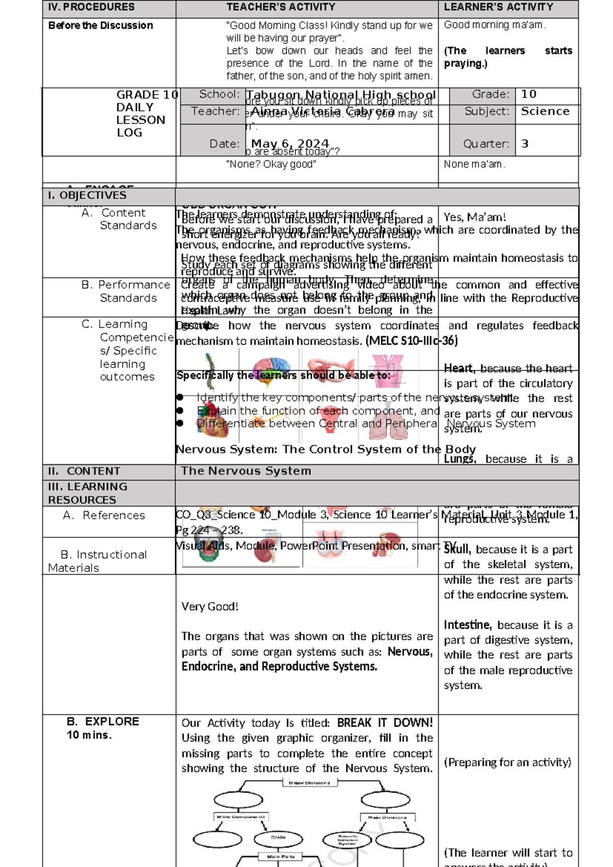 Nervous-System-Lesson-Plan - IV. PROCEDURES TEACHER’S ACTIVITY LEARNER ...