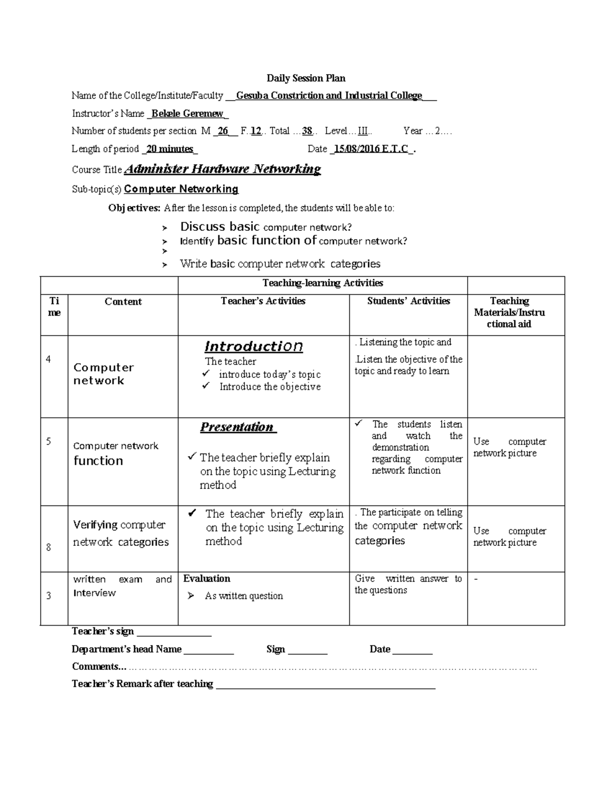 Daily Session Plan - 4sss - Daily Session Plan Name of the College ...