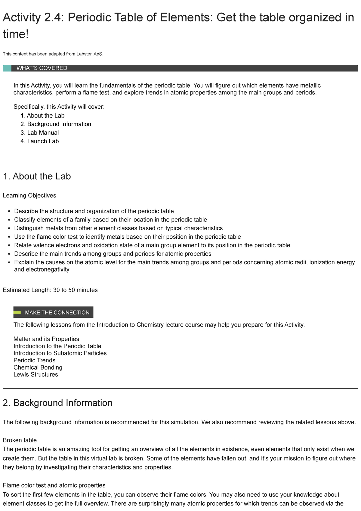 Introduction to Chemistry Lab - Activity 2.4 Periodic Table of Elements ...