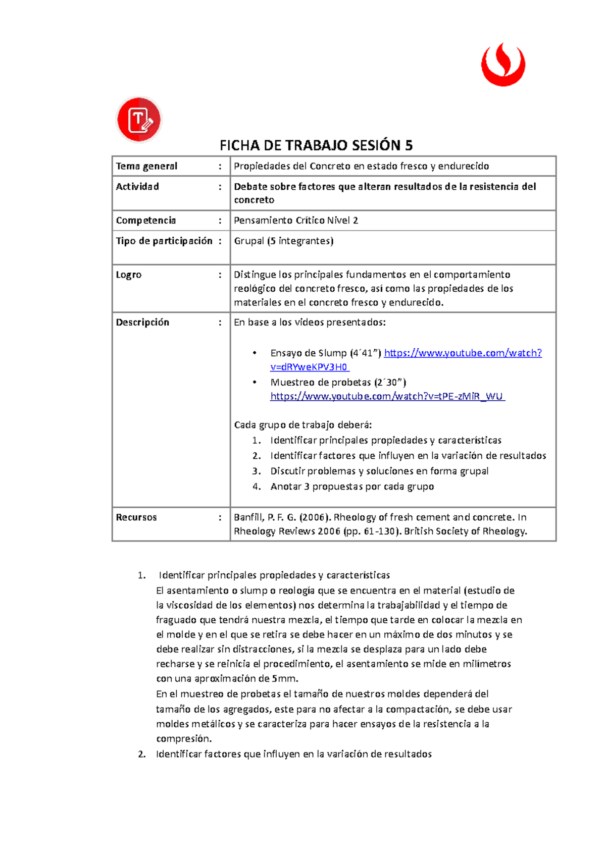 Ficha 5 - FICHA DE TRABAJO SESIÓN 5 Tema general : Propiedades del ...