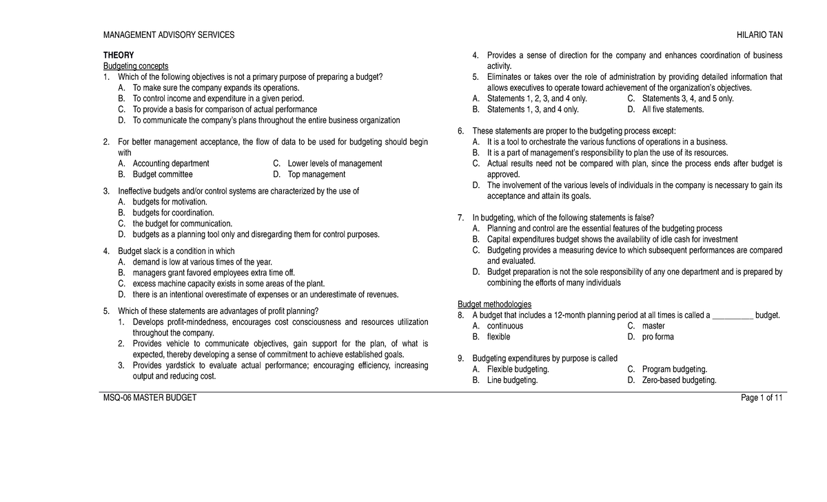 MSQ-06 - Master Budget - Test bank - THEORY Budgeting concepts Which of ...