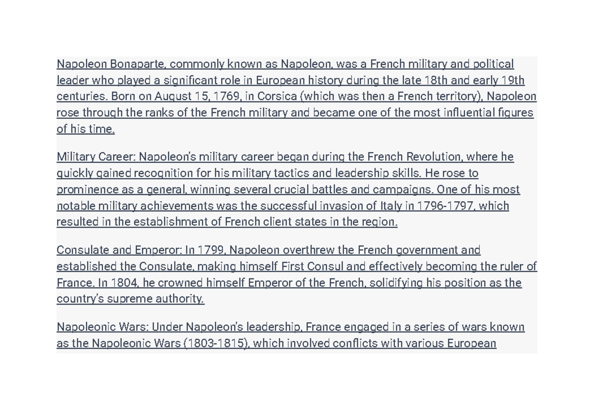 Napoleon notes - World War I, also known as the Great War, was a global ...