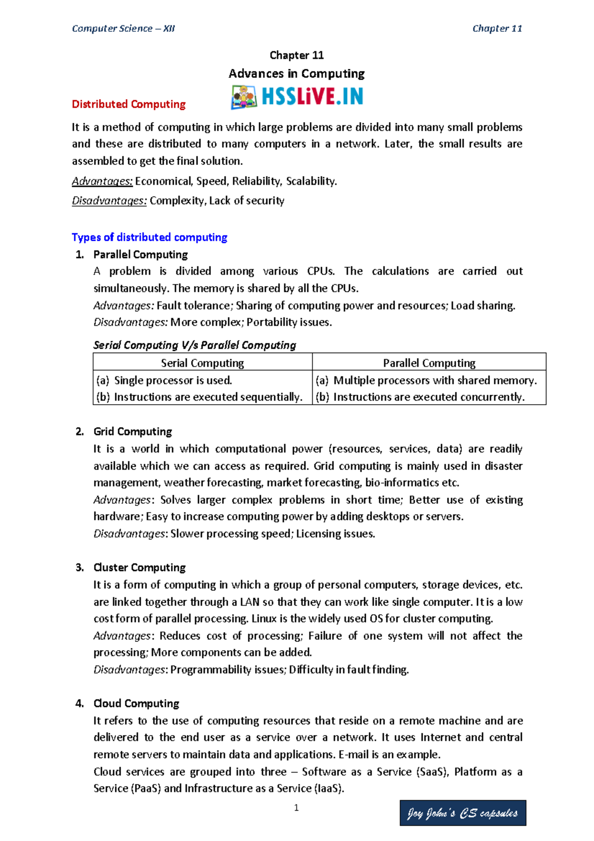 XII CS Ch11 Advances in computing - Computer Science – XII Chapter 11 1 Joy John’s CS capsules ...