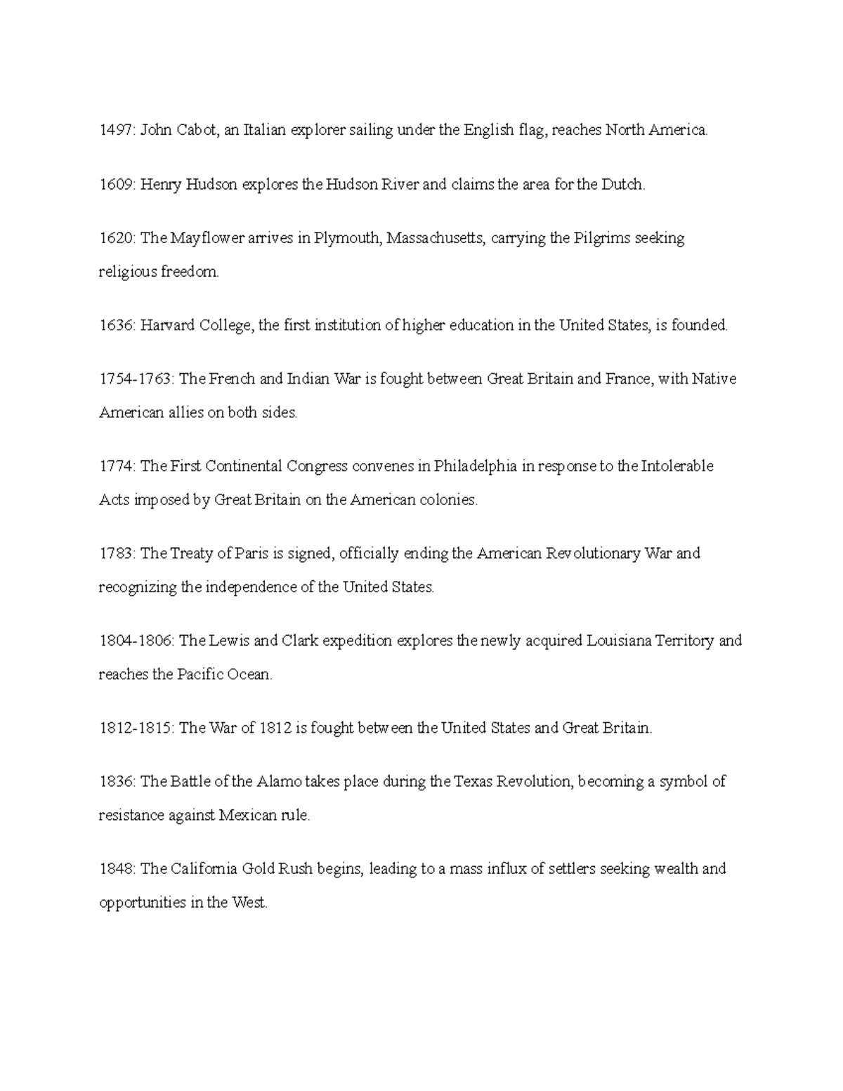 Timeline of American History until 1865 - 1497: John Cabot, an Italian ...
