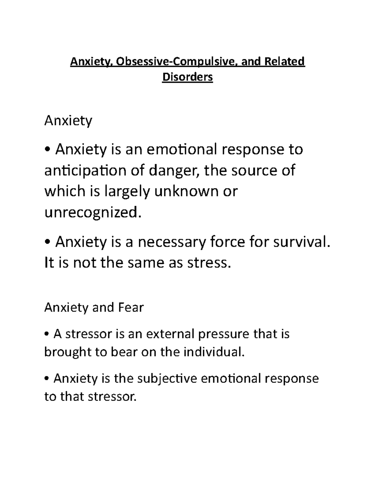 Anxiety - notes - Anxiety, Obsessive-Compulsive, and Related Disorders ...
