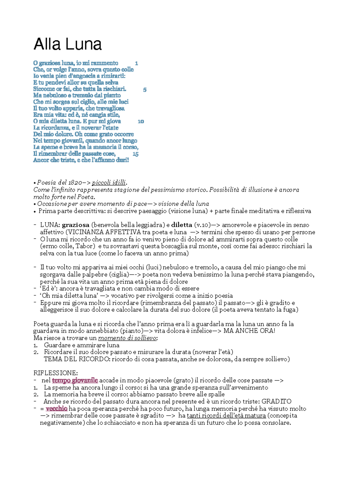 Alla Luna, Leopardi - Alla Luna O graziosa luna, io mi rammento 1 Che, or volge l'anno, sovra ...