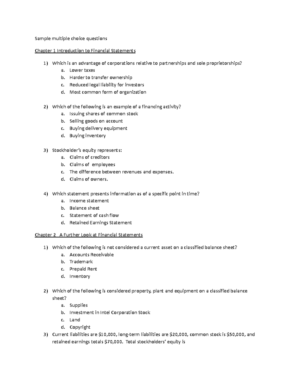 ACCT 2000 Final MC Examples - Sample multiple choice questions Chapter ...
