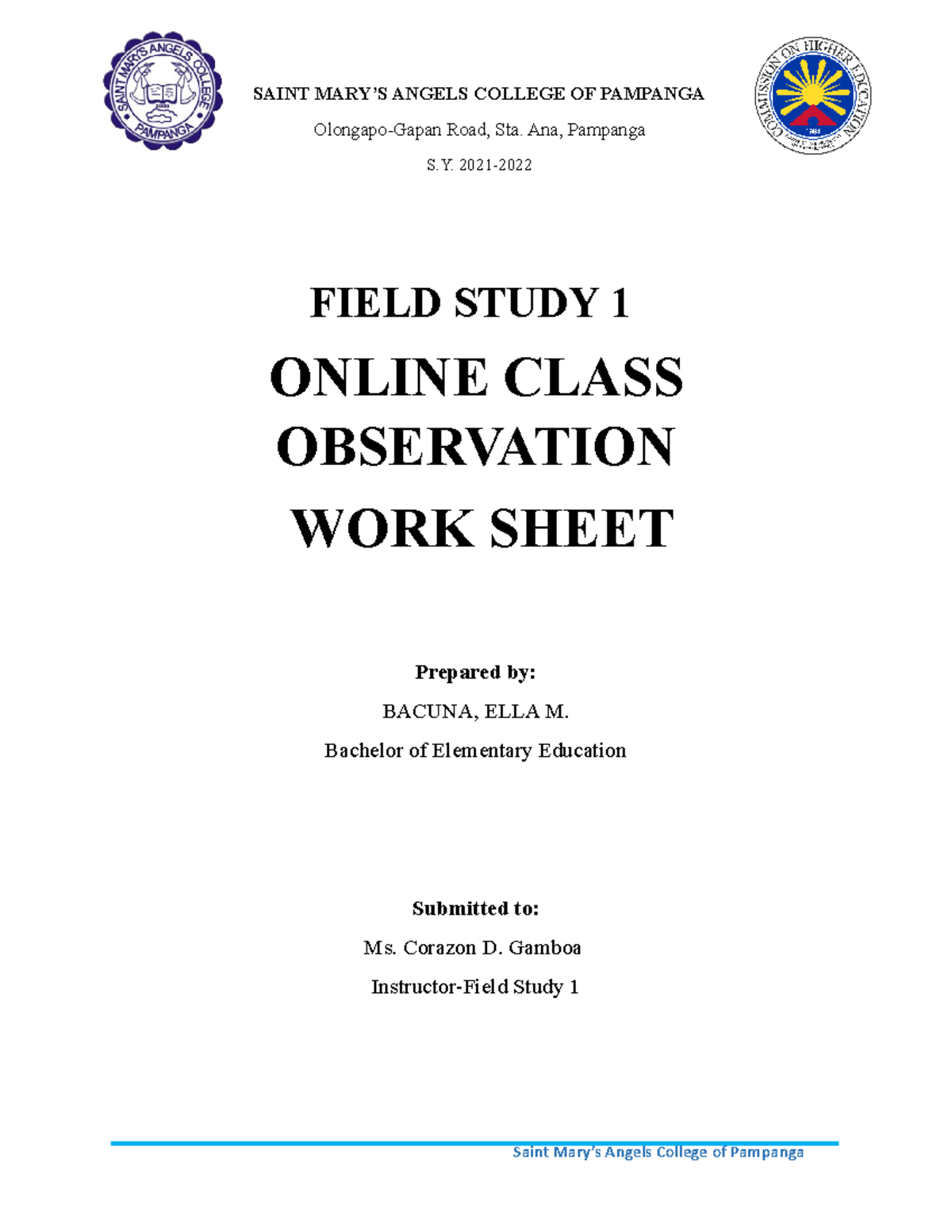 2-FS1- Portfolio-ELLA M. Bacuna-BEED-III - FIELD STUDY 1 ONLINE CLASS ...