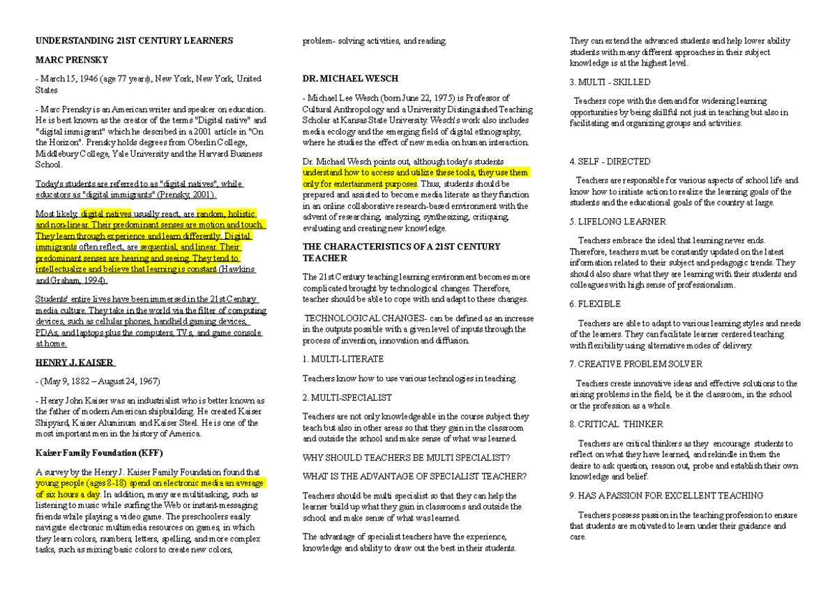 EDUC42 - Notes - UNDERSTANDING 21ST CENTURY LEARNERS MARC PRENSKY March ...