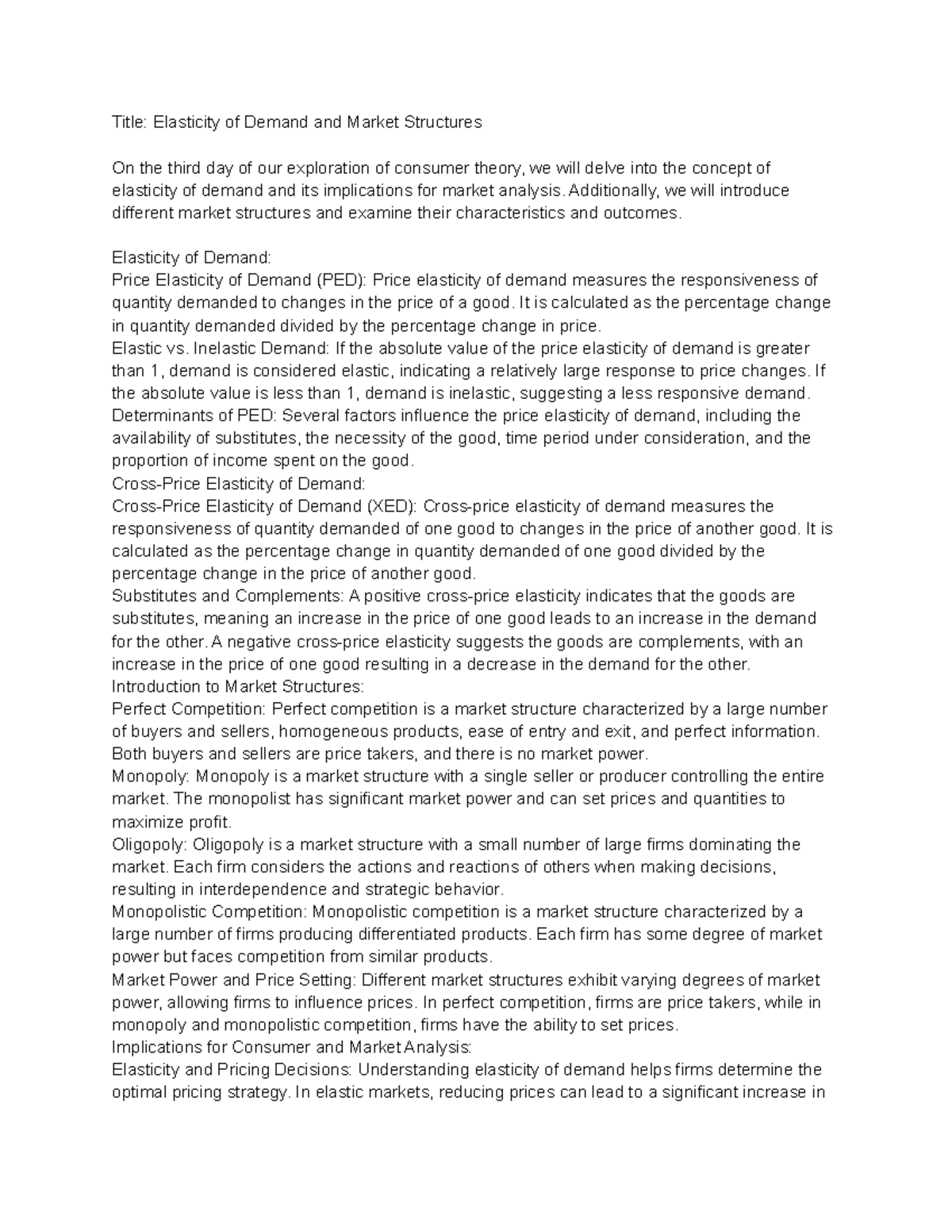 Intermicro Consumer Theory D3 - Title: Elasticity of Demand and Market ...