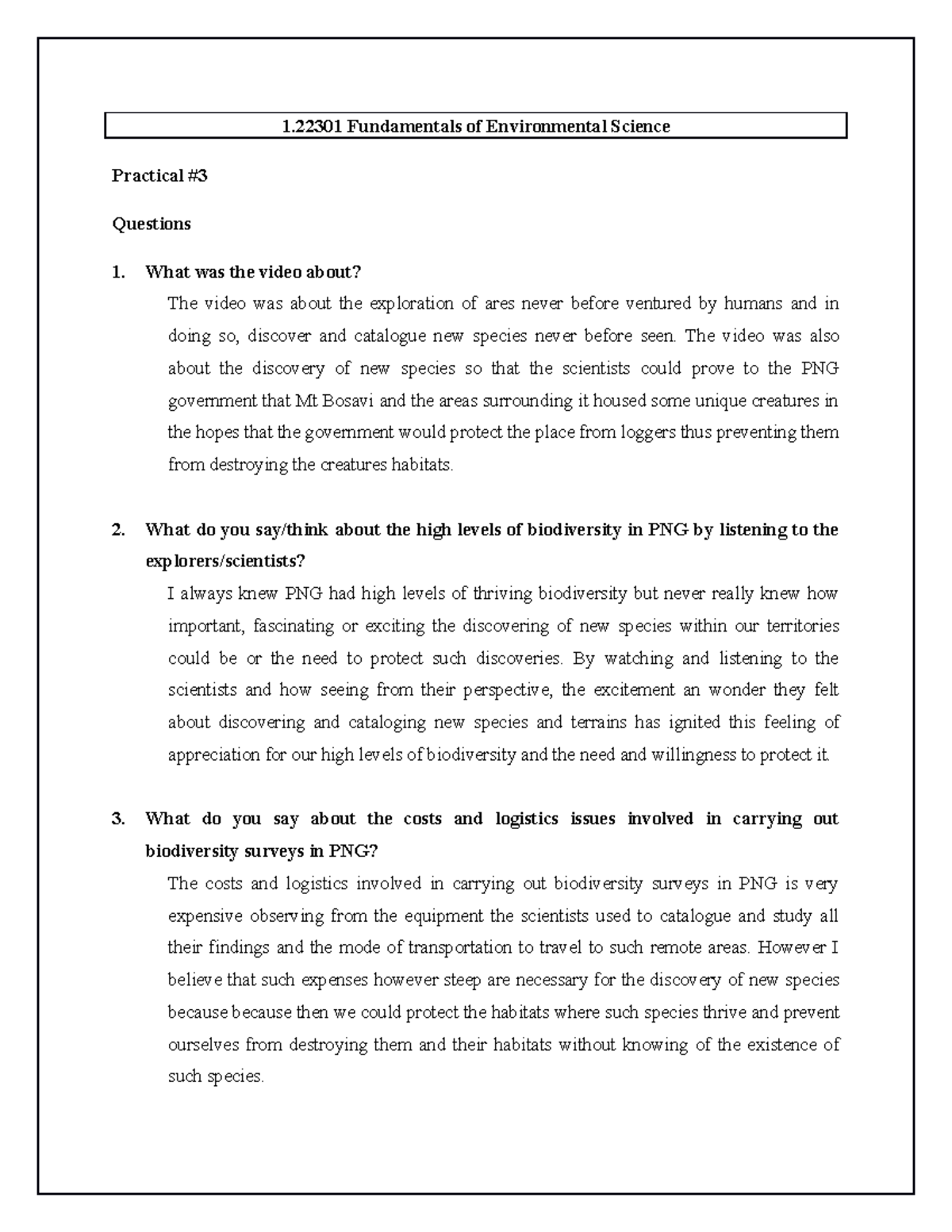 Fundamentals of ES practical 3 - 1 Fundamentals of Environmental Science Practical # Questions ...