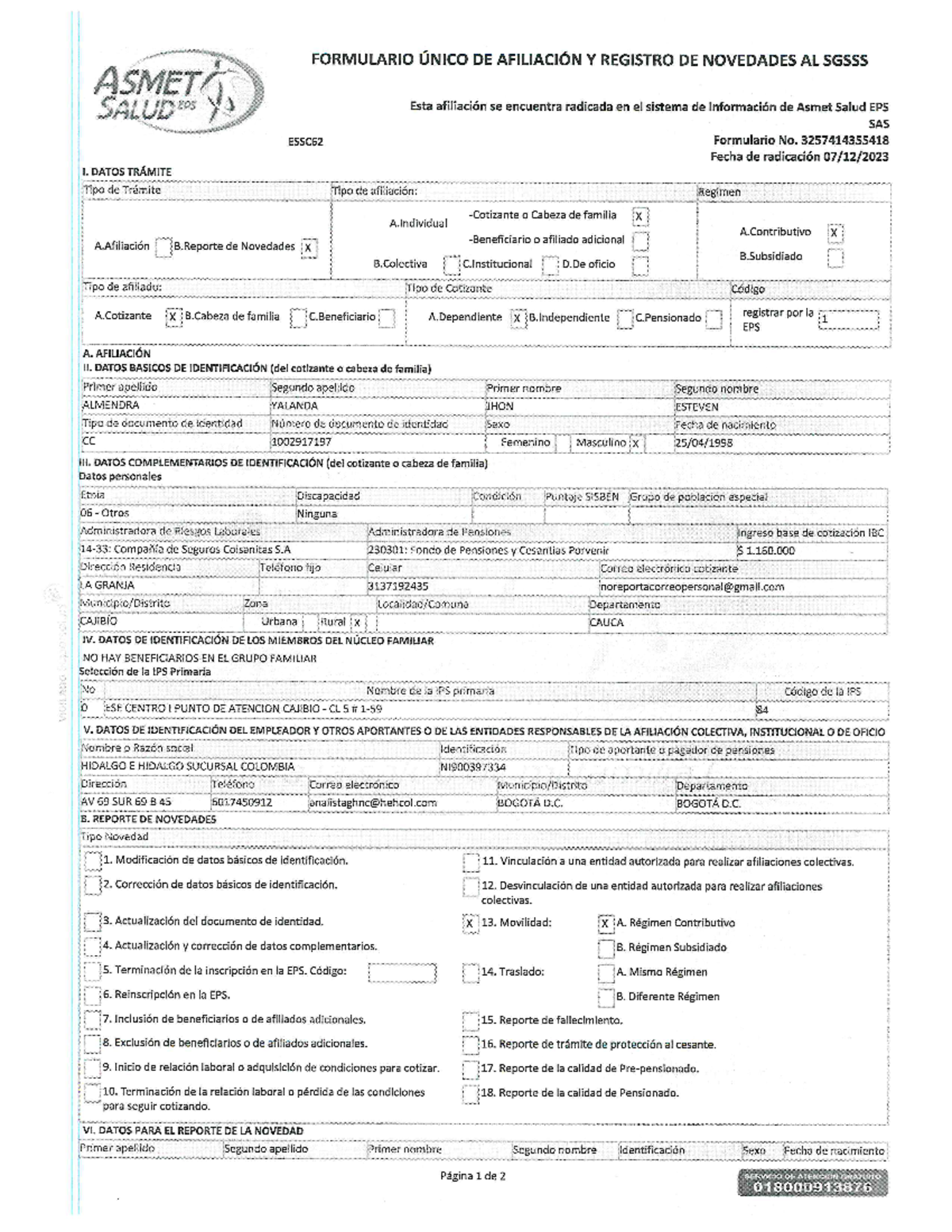 Formulario Firmado EPS Asmet Salud Almendra JHON - Responsabilidad ...
