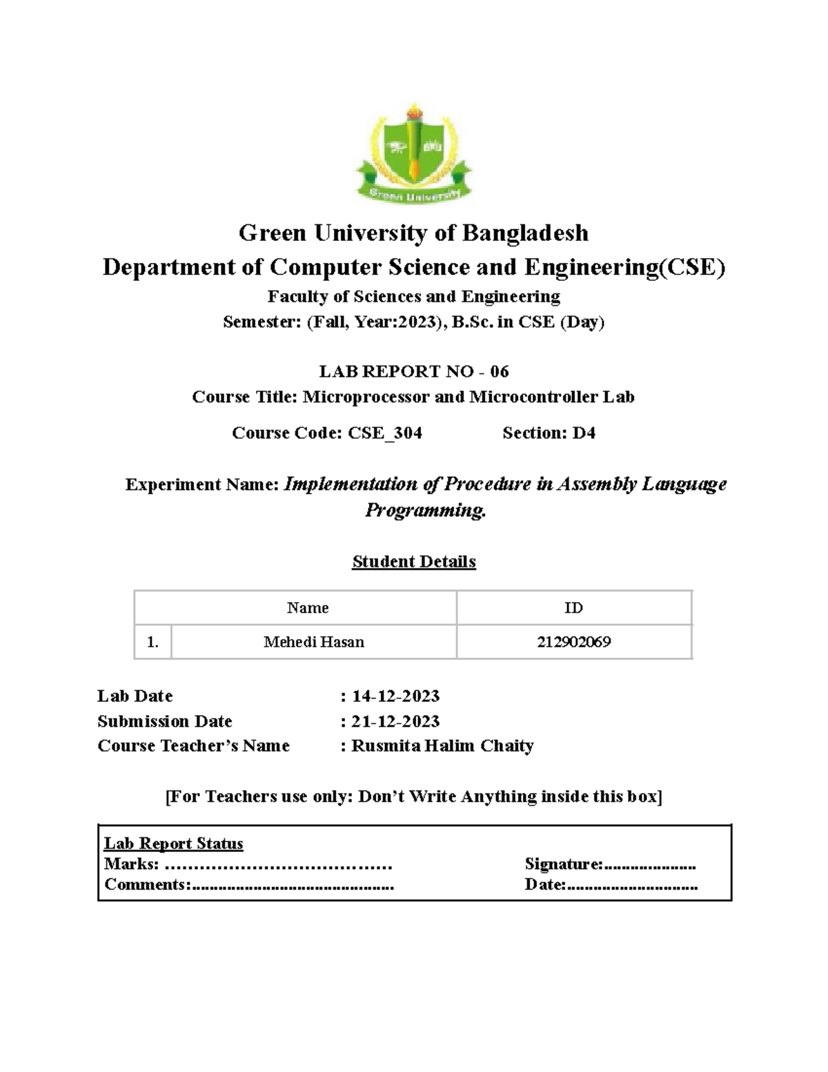 Procedure in Assembly Language (Micro_Lab_Rep_6) - Green University of Bangladesh Department of ...