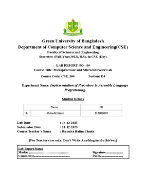 CSE 304 LABReport-2 - lab report - Green University of Bangladesh Department of Computer Science ...