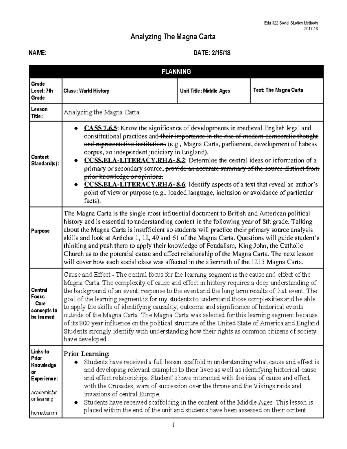 Magna Carta Analysis - 2017- Analyzing The Magna Carta NAME: DATE: 2/15 ...