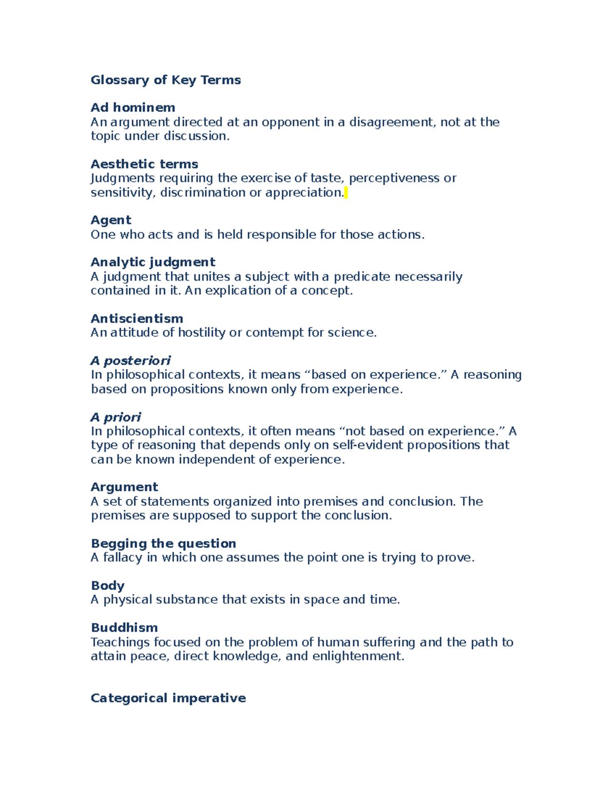 Cahn exploring philosophy 7e glossary - Glossary of Key Terms Ad hominem An argument directed at ...