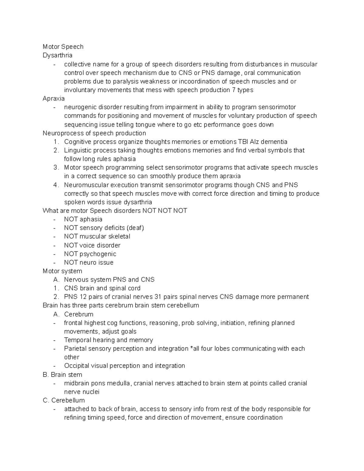 Motor speech - notes from the whole class - Motor Speech Dysarthria ...