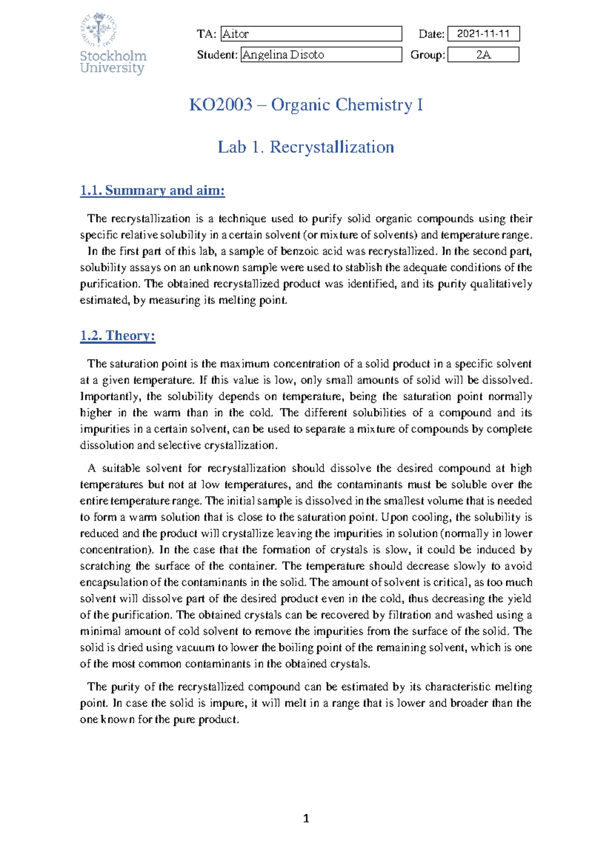 Lab 1 - Organic Chemistry - Recrystallization - Student: Group: KO2003 ...