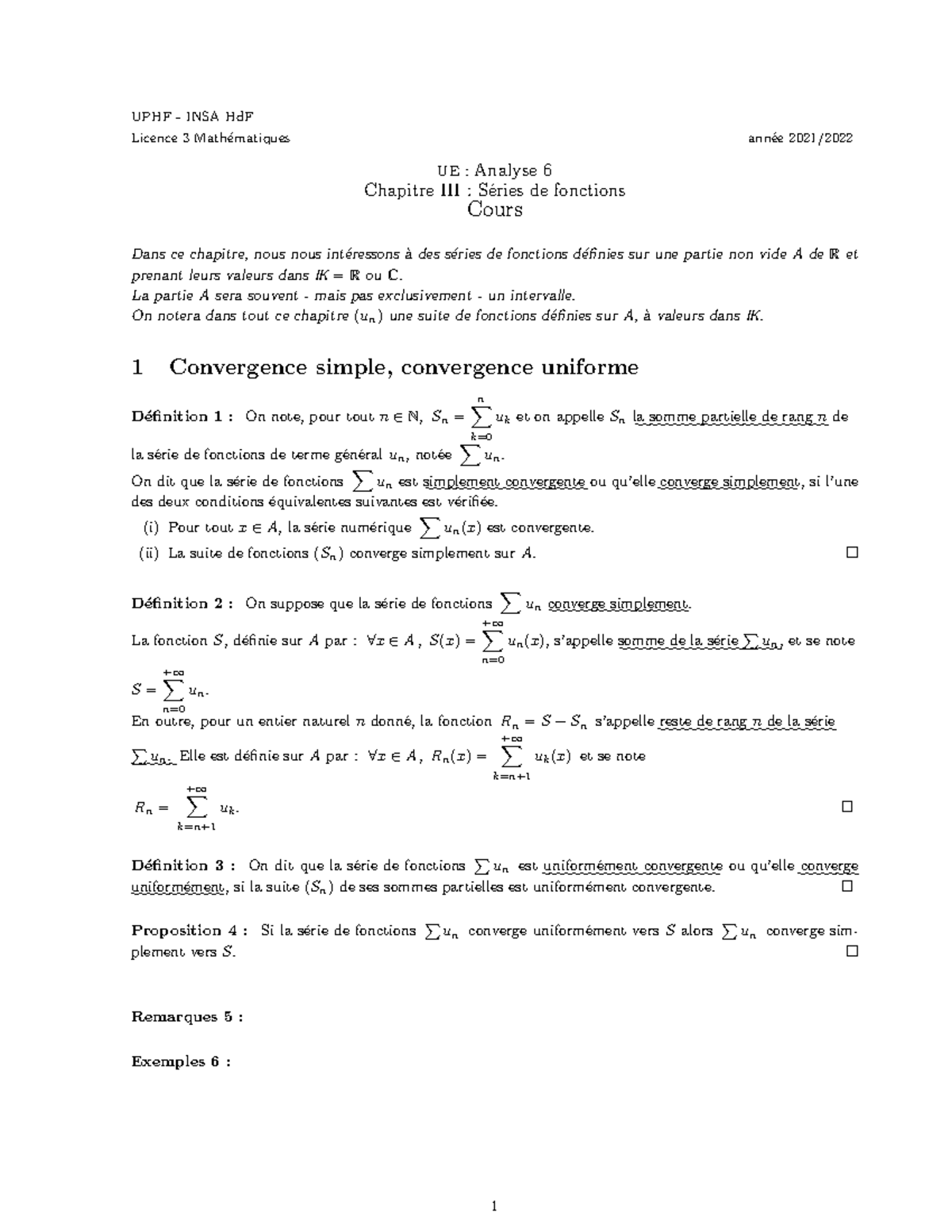 Chapitre 3 Série de fonctions - UPHF - INSA HdF Licence 3 Math ́ematiques ann ́ee 2021/ UE ...