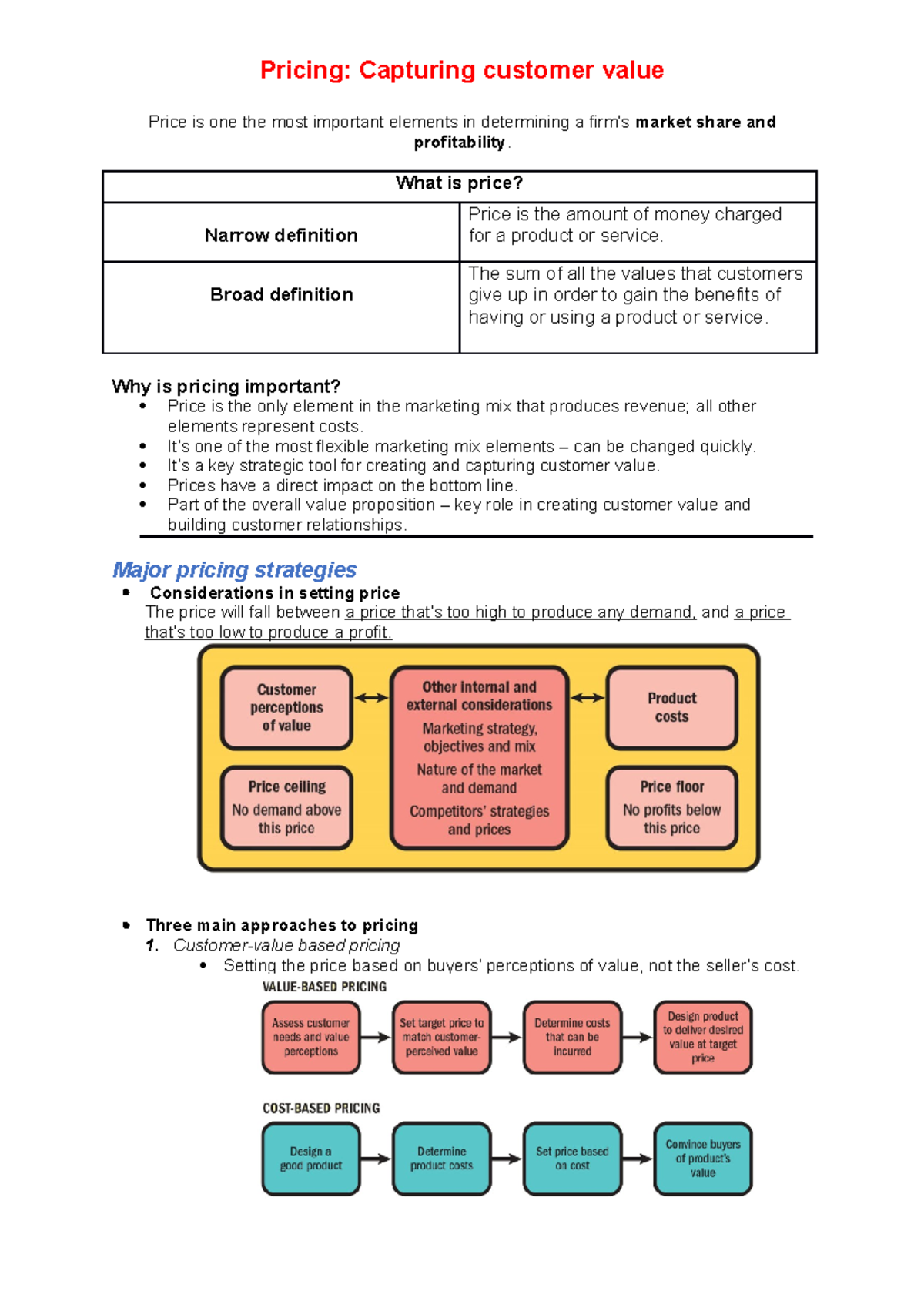 Pricing - Lecture notes 5 - Pricing: Capturing customer value Price is ...